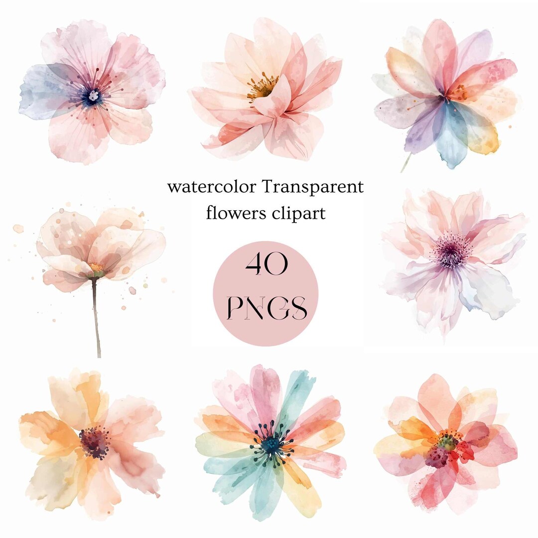 Watercolor Flower Clipart, Pastel Floral PNG, Wedding Design (digital ...