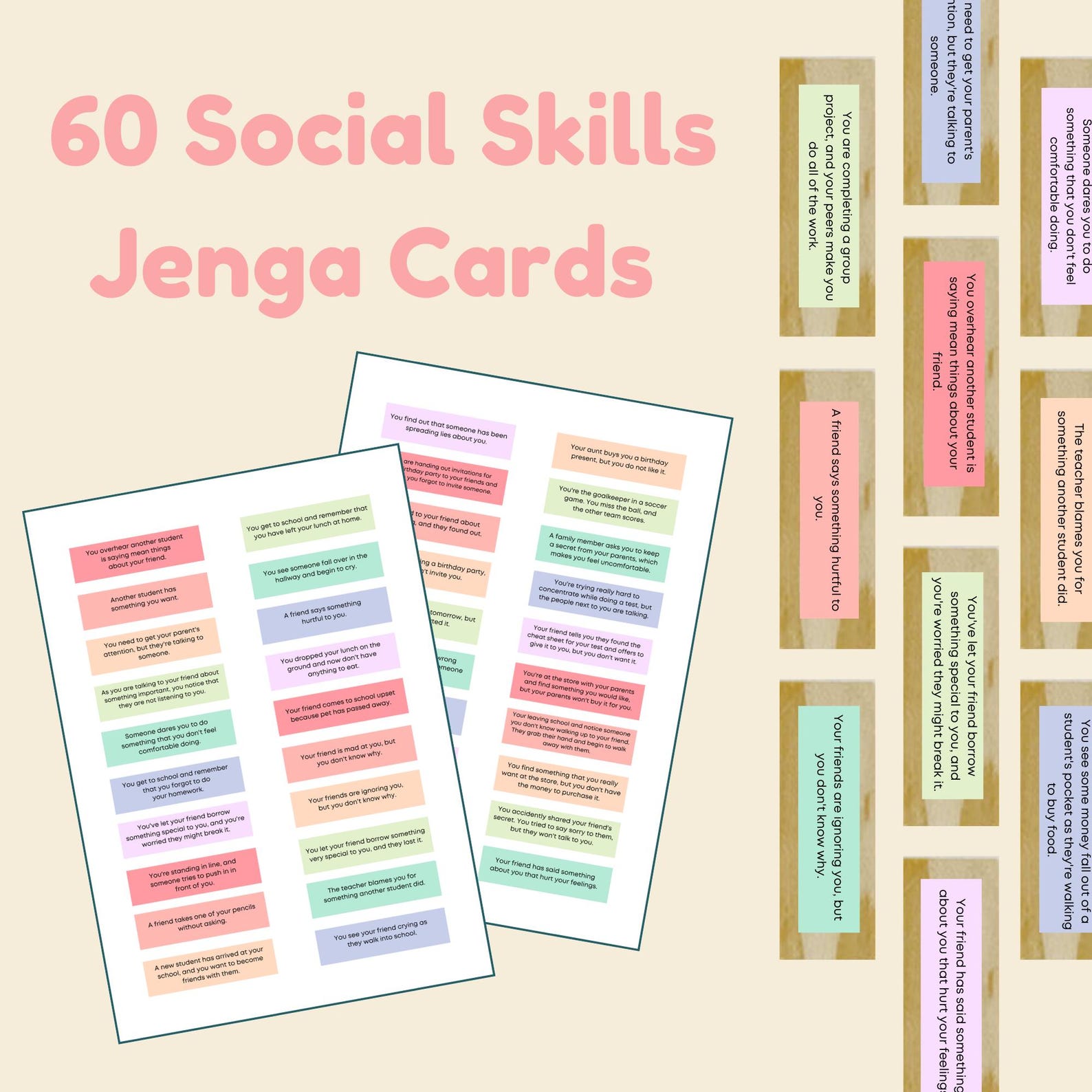 Jenga Social Skills Situation Cards - Jenga Questions, Social ...