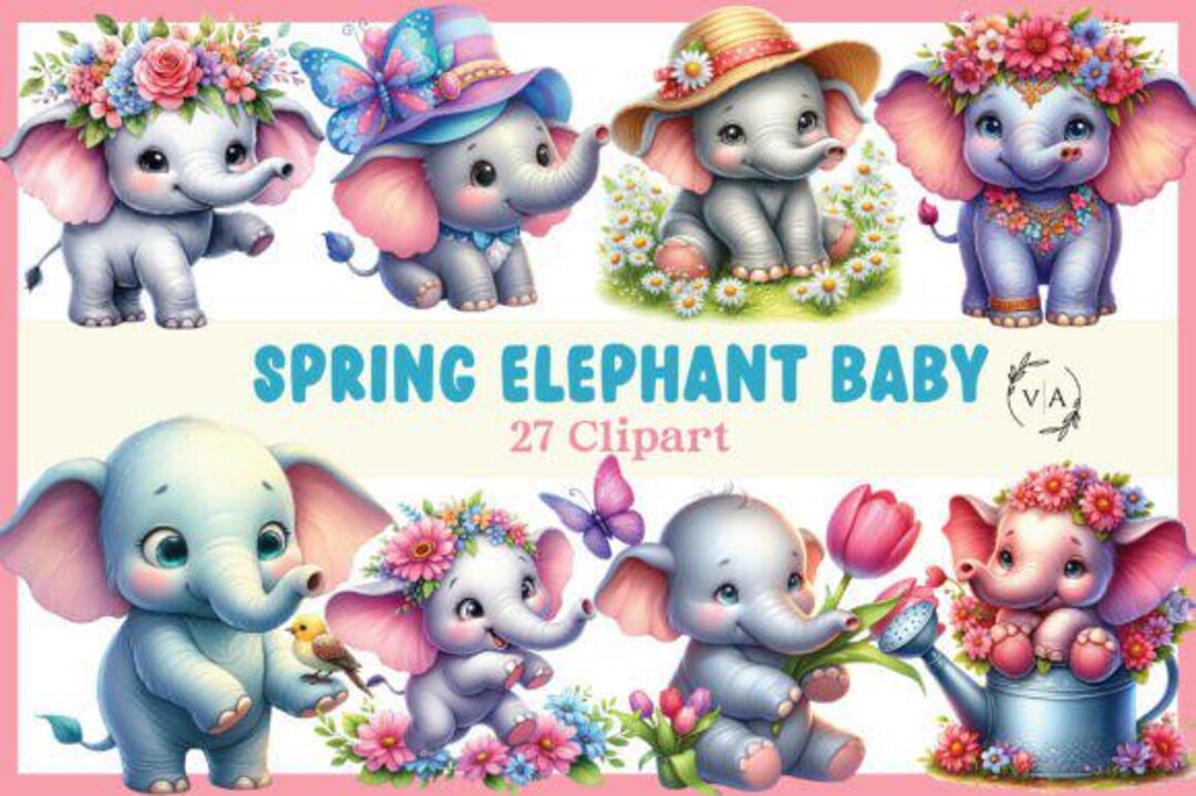 Baby Girl Elephant Clipart – Spring Butterflies, Wildflowers, & Pastel ...