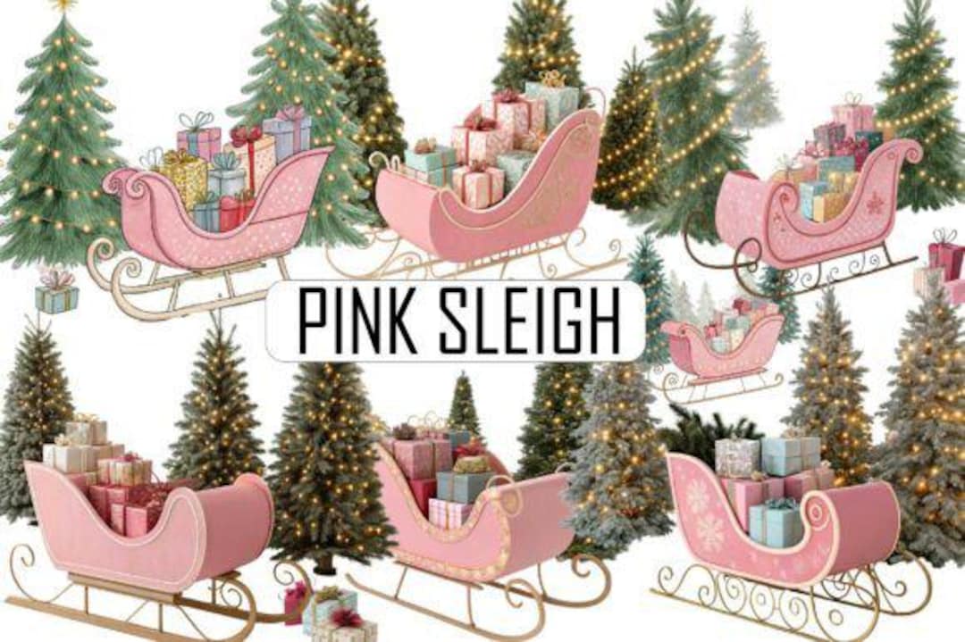 Christmas Pink Sleigh Clipart | Watercolor Holiday PNG Bundle | 300 DPI ...