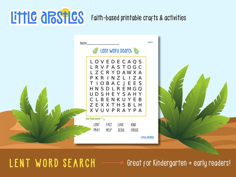 Kindergarten Lent Word Search, Christian Printable, Sunday School ...