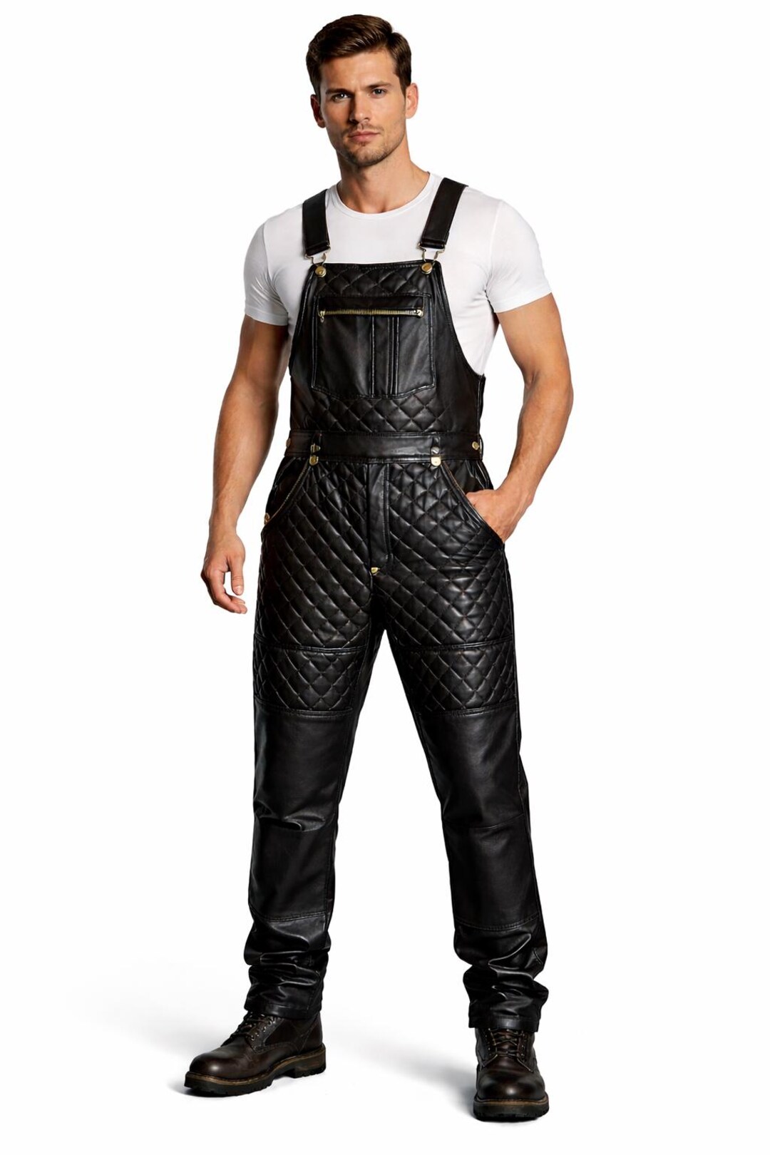 Custom-fit Men's Black Quilted Leather Bib Overalls – Genuine Leather ...