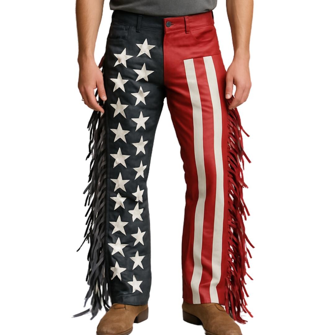 Handmade American Flag Leather Fringe Pants: Unisex Patriotic Biker ...