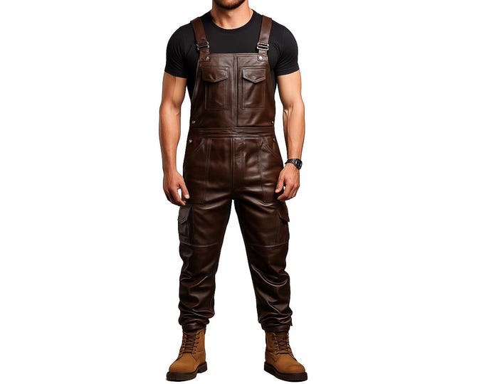 Herren Overall aus braunem Leder - Overall aus echtem Leder mit Cargo ...