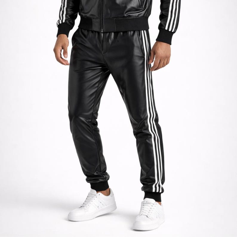 Men’s Black Genuine Leather Tracksuit | Sweatsuit With White Stripes ...