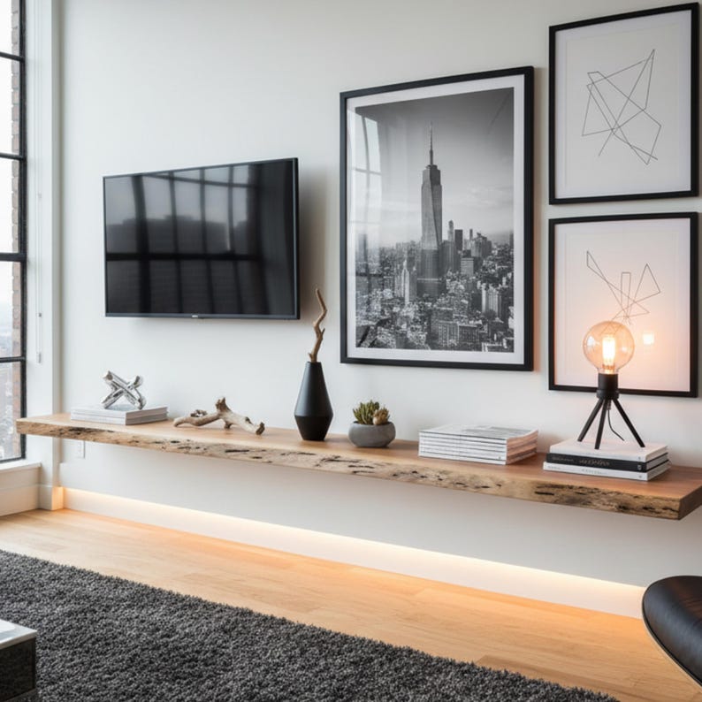 Handmade Solid Wood TV Console - Live Edge Floating TV Shelf - Handmade ...