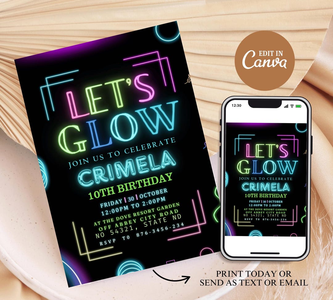 Editable Glow Party Birthday Invitation, Glow Crazy Birthday Invitation ...