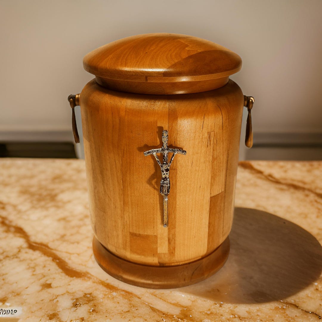 Handcrafted Wooden Cremation Urn for Ashes, Religious Memorial Urn With ...