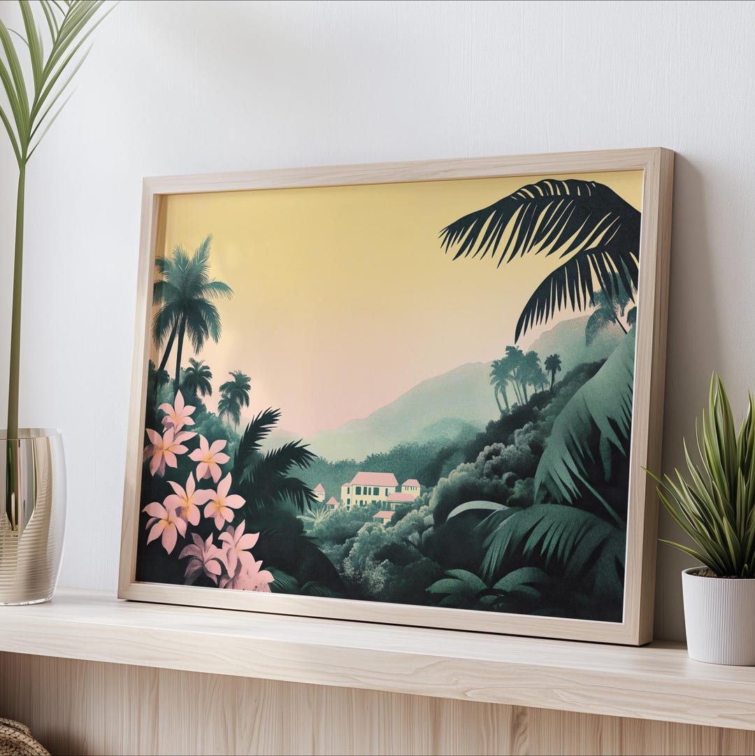Pastel Jungle Retreat Wall Art - Tropical Hillside Nature Painting ...