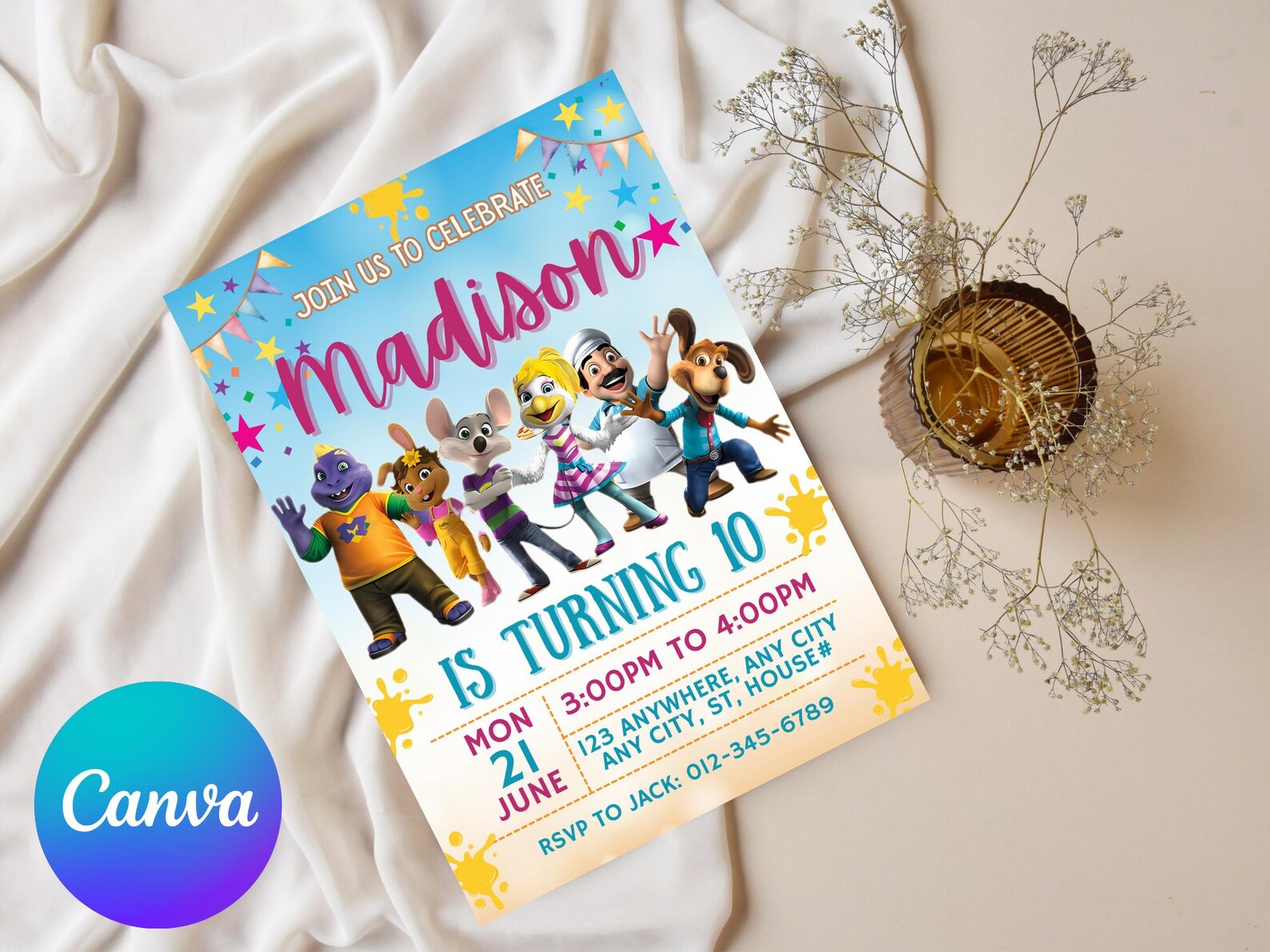Editable Chuck E Cheese Birthday Invitation Template | Chuck Evite ...