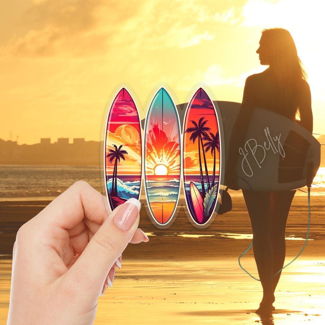 Surfboard Sunset Sticker | Clear Vinyl Tropical Beach Surf Art Sticker ...
