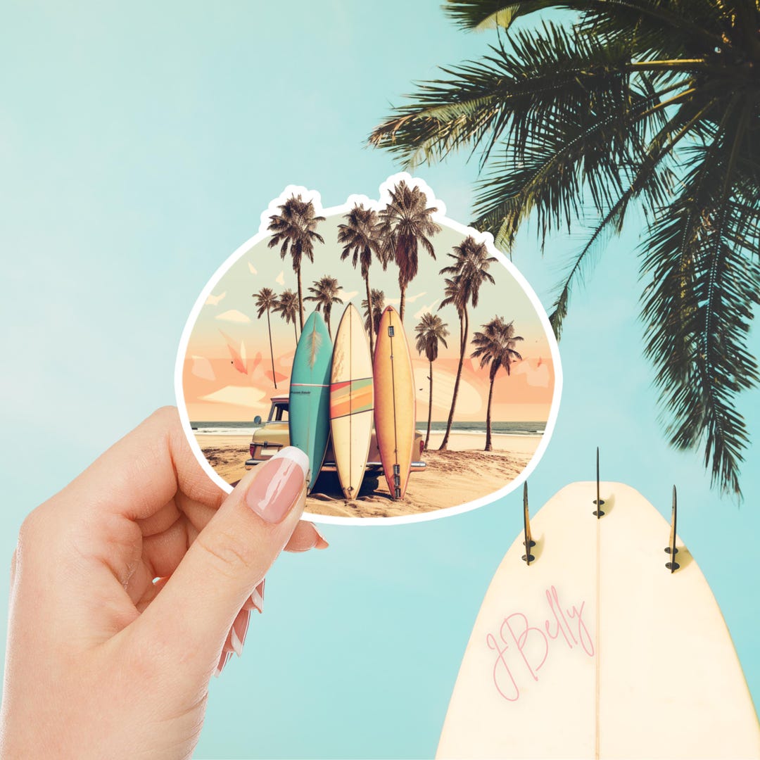 Retro Surfboard Beach Sticker | Vintage Coastal Car & Palm Tree Vinyl ...