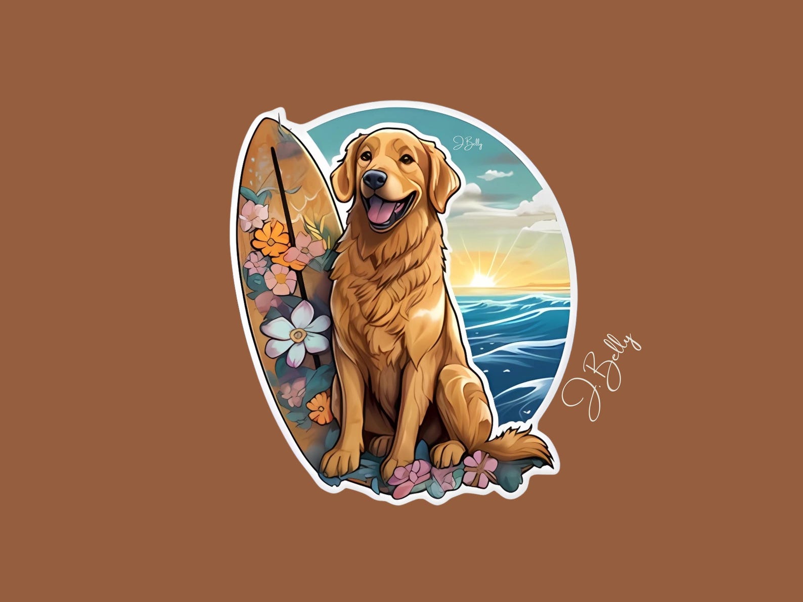 Surf Dog Vinyl Sticker | Golden Retriever Beach Waterproof Decal | Cute ...
