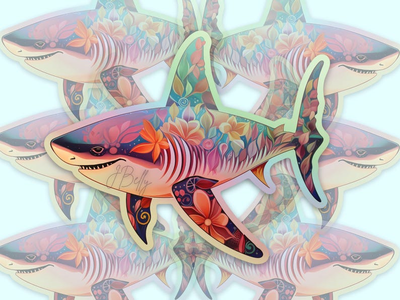 Holographic Floral Shark Sticker – Waterproof Vinyl Ocean Animal Decal ...