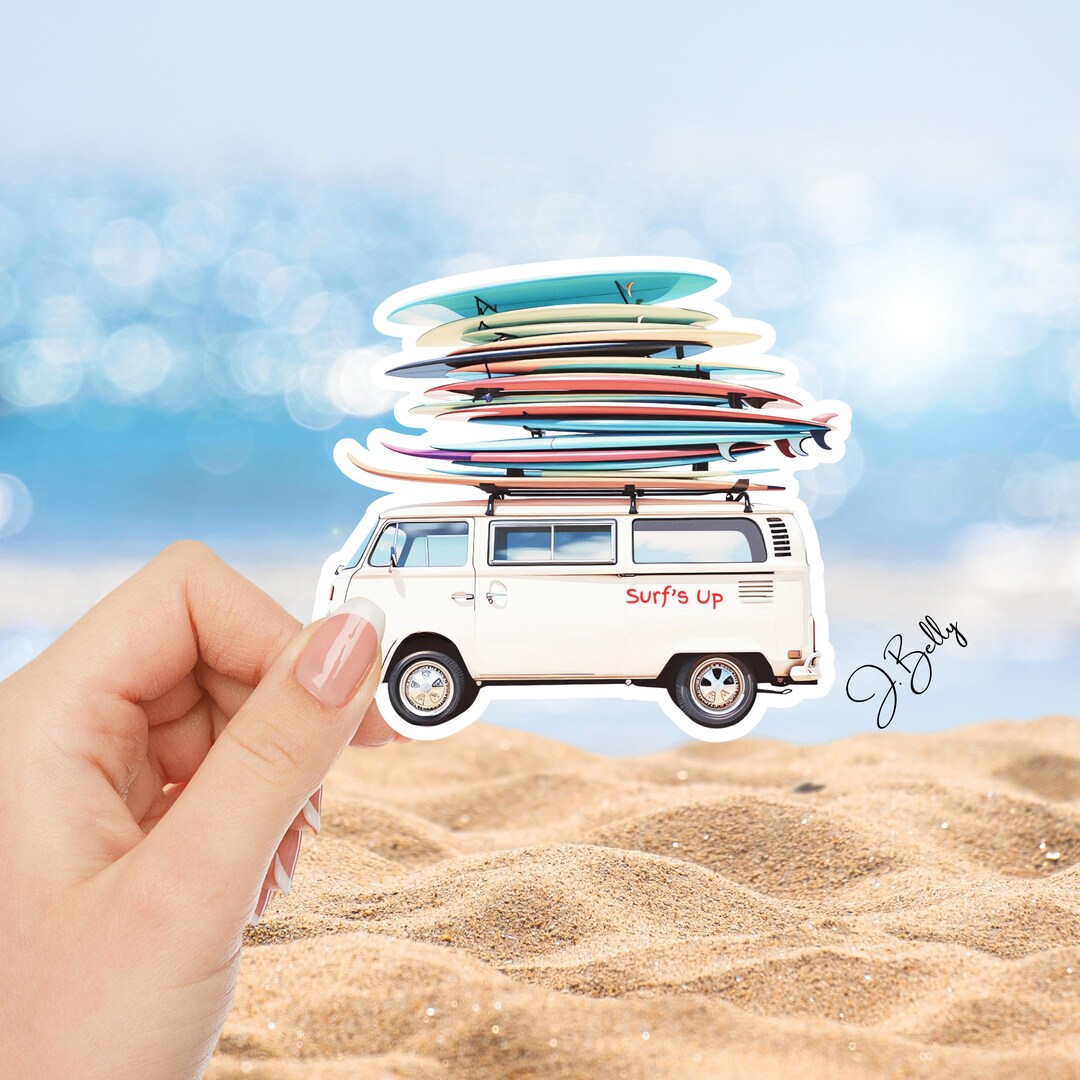 Surf’s up Vintage Van Sticker | Beach Van With Colorful Surfboards ...