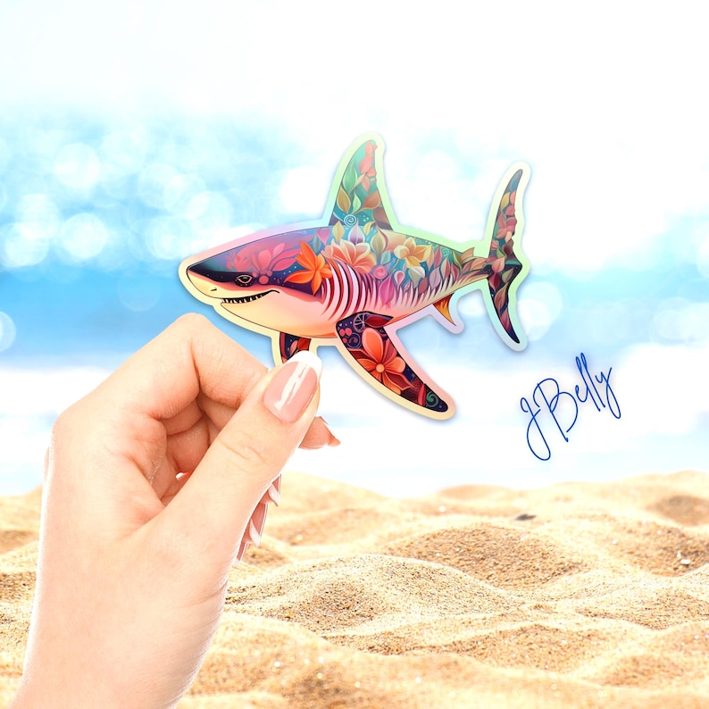 Holographic Floral Shark Sticker – Waterproof Vinyl Ocean Animal Decal ...