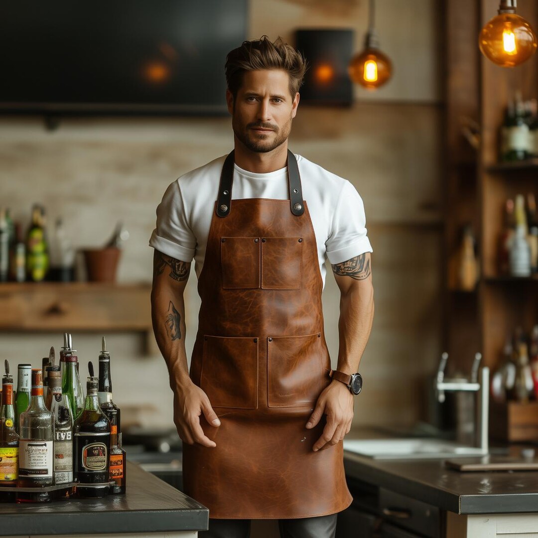 Waxed Brown Leather Bar Apron: Personalized Bartender Apron - Etsy