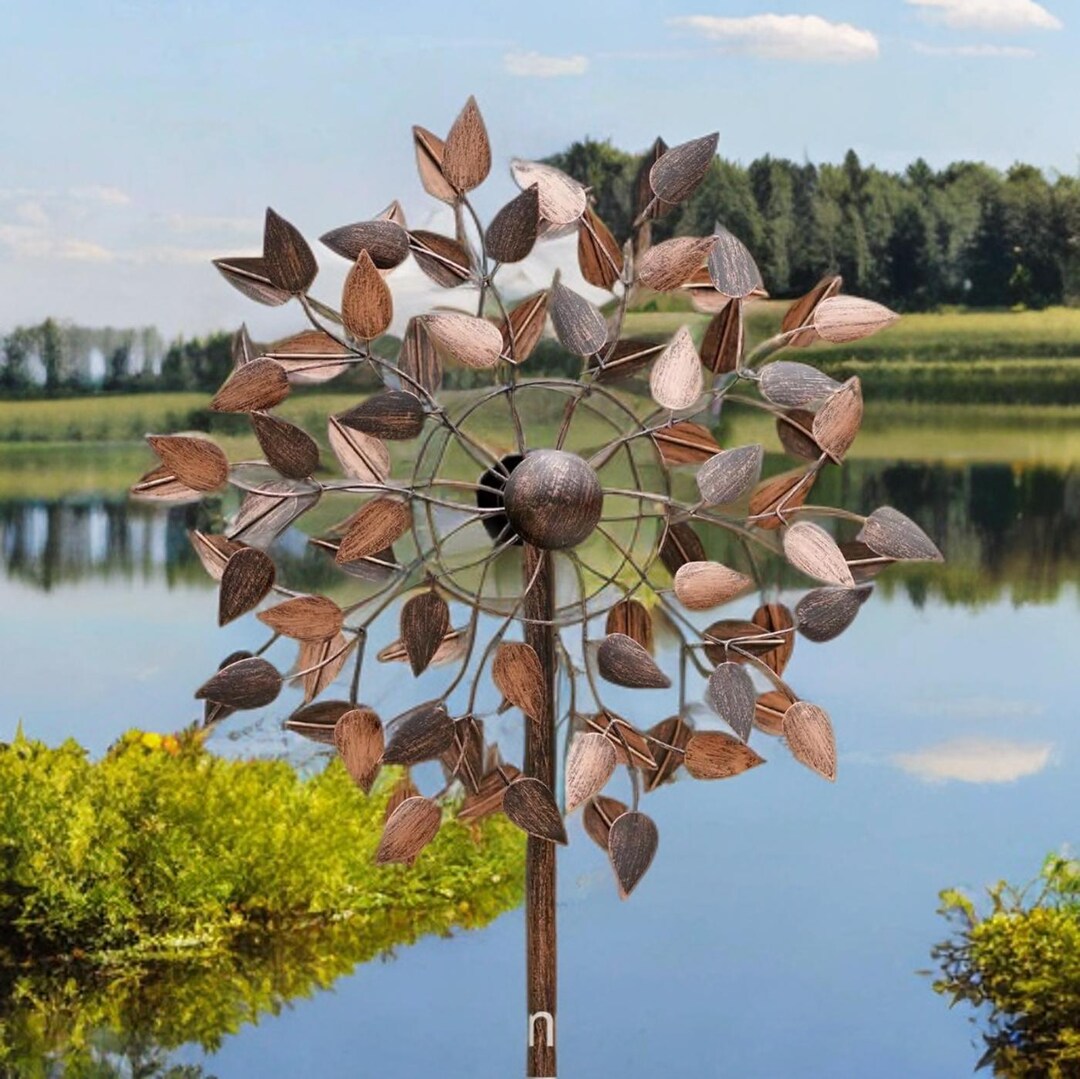 Metal Copper Leaves Solar Wind Spinner , Wind Sculpture , Windmill ...