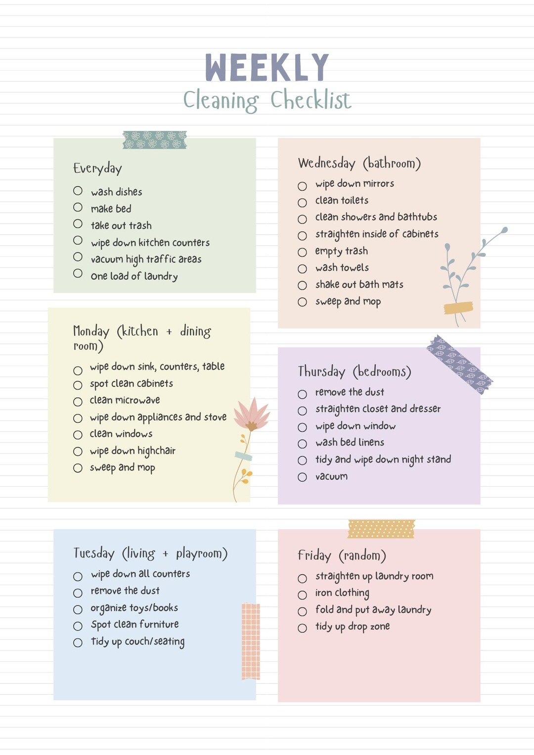 Weekly Cleaning Checklist- Digital Download - Etsy