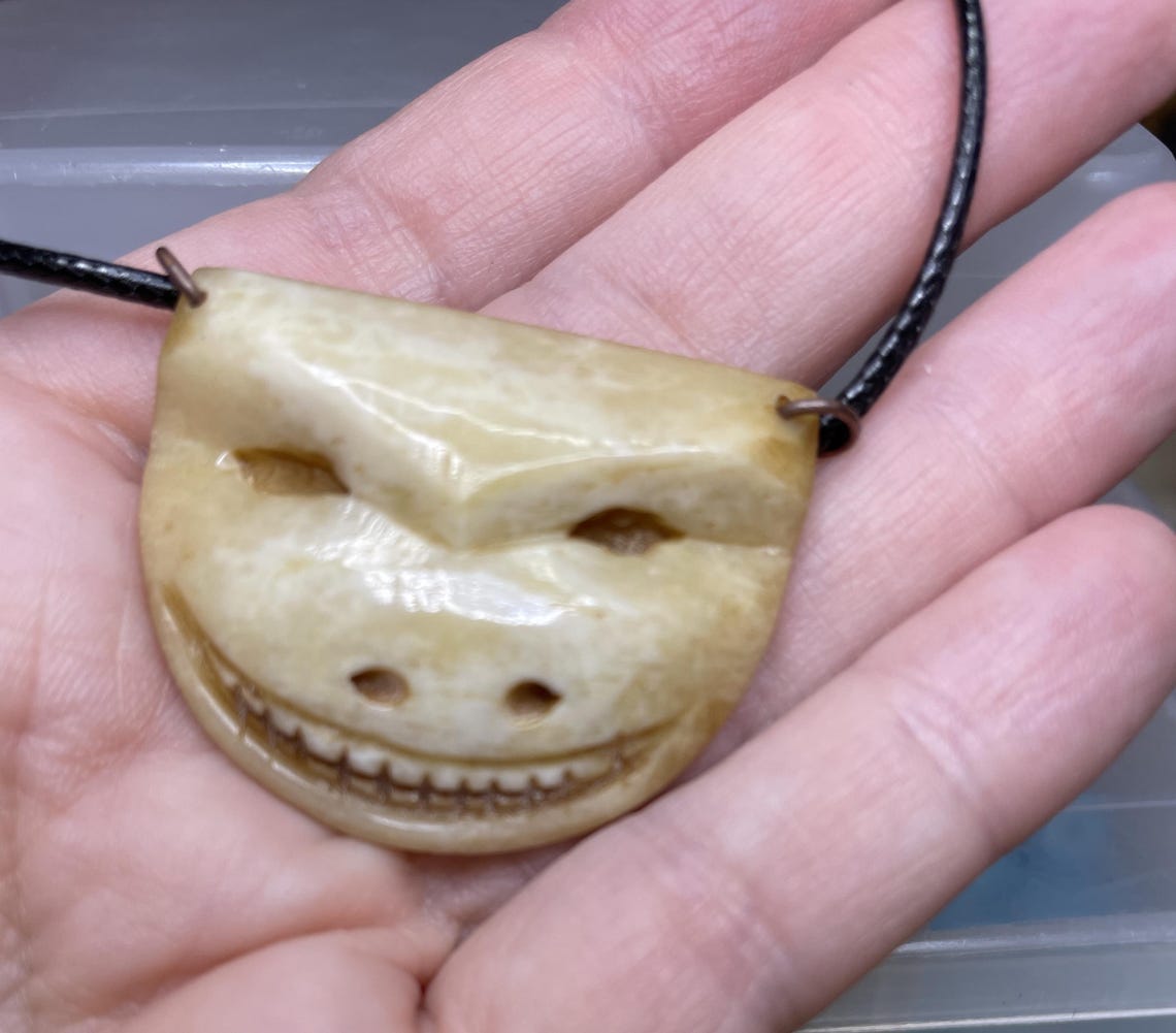 Vintage Carved Bone Smiling Face Necklace, Laughing Head Pendant ...