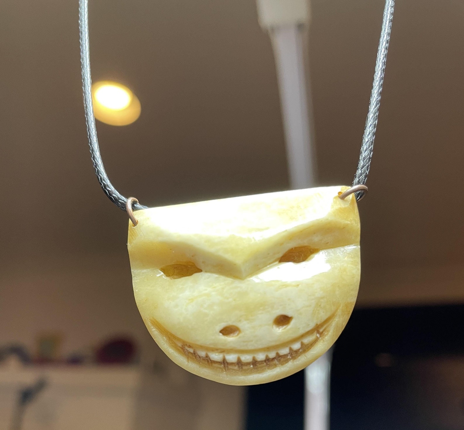 Vintage Carved Bone Smiling Face Necklace, Laughing Head Pendant ...