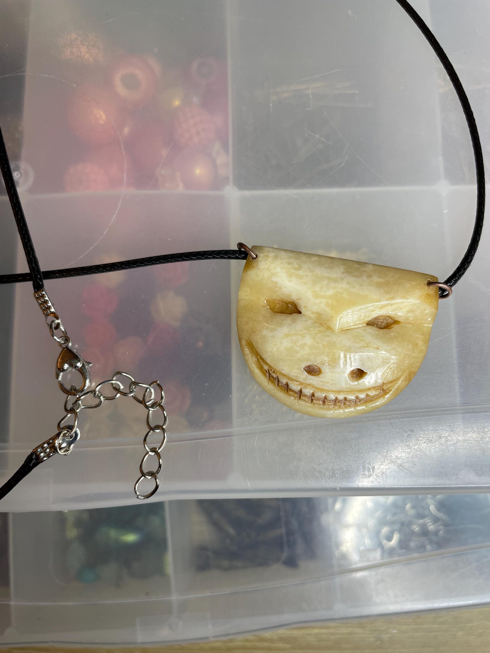 Vintage Carved Bone Smiling Face Necklace, Laughing Head Pendant ...