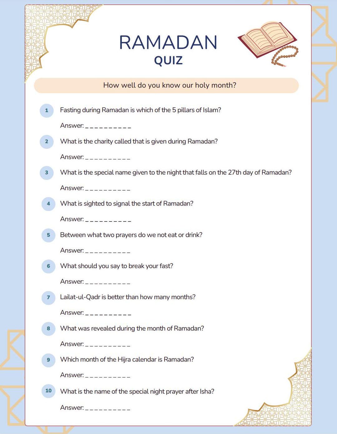 Ramadan Quiz for Children - Etsy