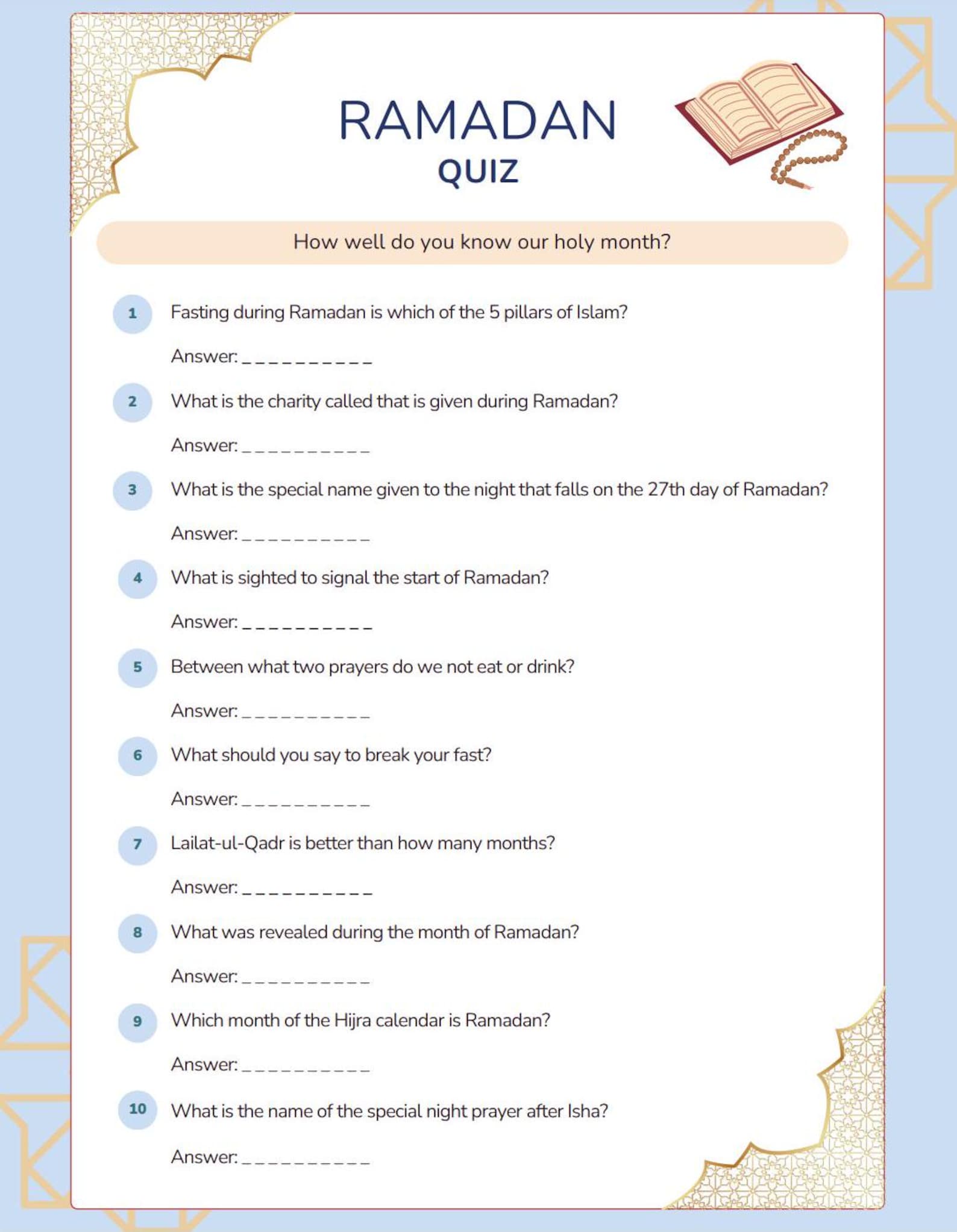Ramadan Quiz for Children - Etsy