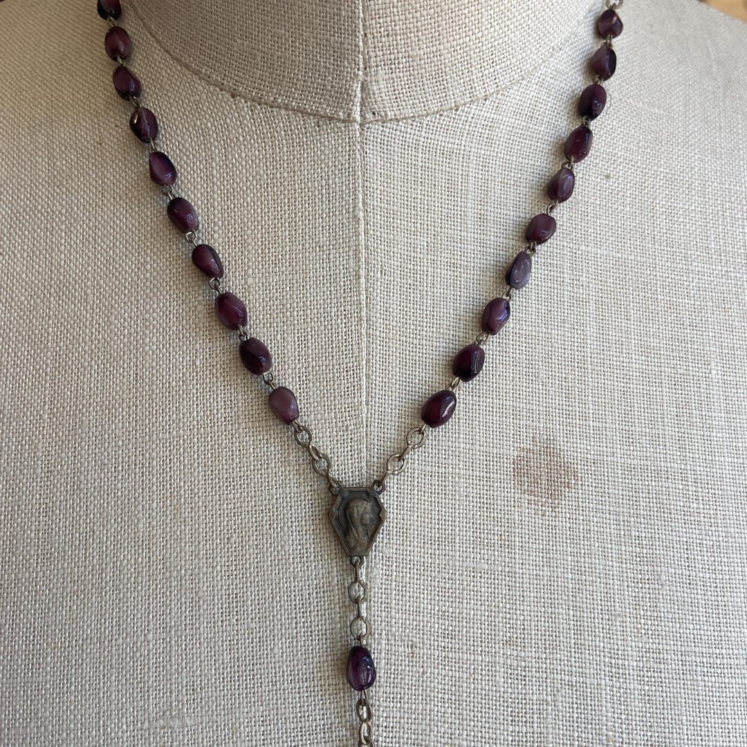 Antique French Rosary, Maroon Glass and Silver, 1940s - Etsy