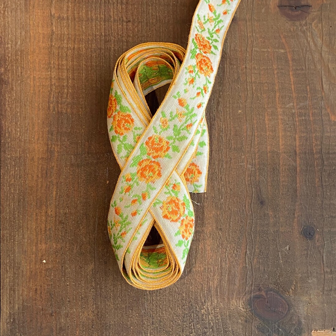 Vintage Japanese Jacquard Ribbon Floral Palette in Tan, Yellow and ...