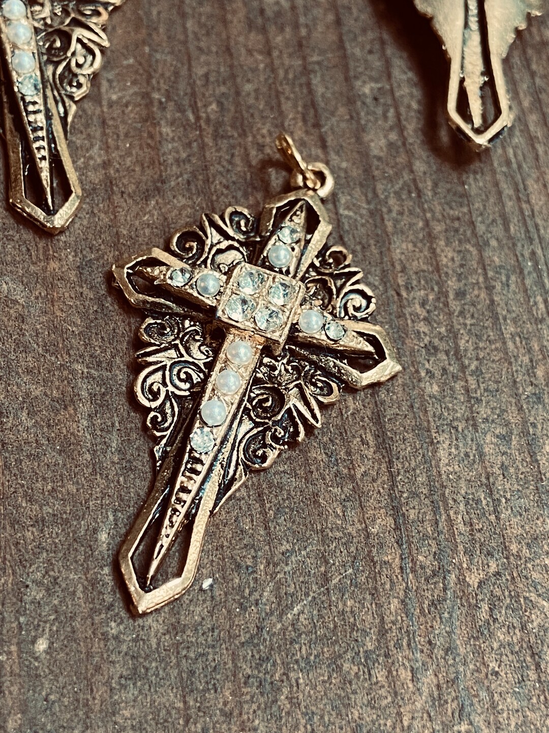 Vintage Damascene Style Cross With Pearls and Rhinestones - Etsy