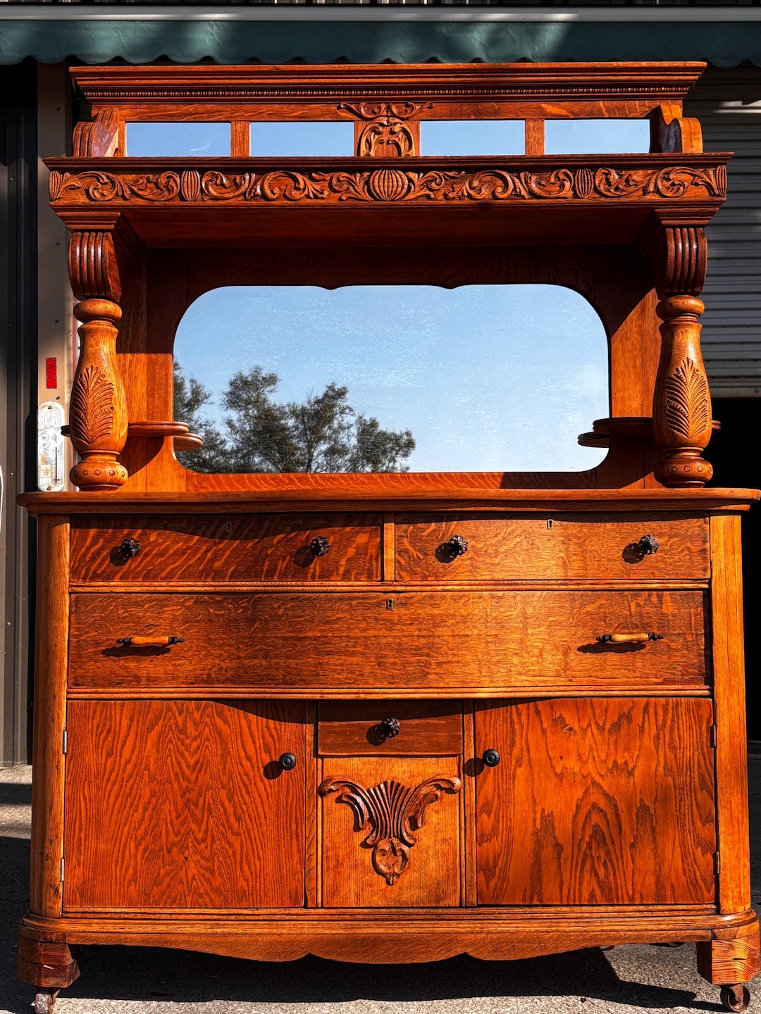 Antique Quarter Sawn Tiger Oak Buffet Hutch / Credenza/ Mirror/ Carved ...