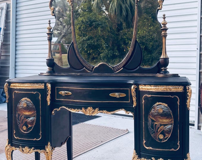 Vintage Black & Gold Vanity Table With Mirror - Etsy