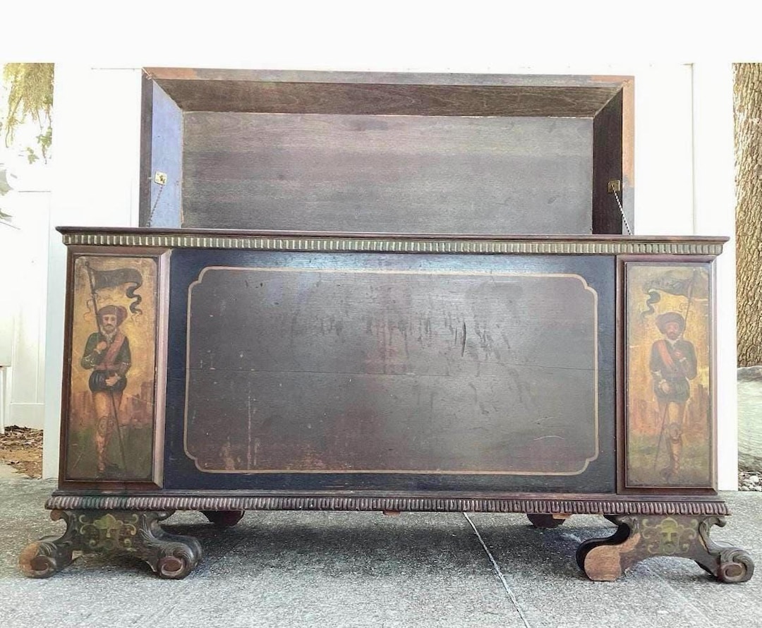 Cedar Chest Antique Renaissance Folk Art / Carved Trim/ Scroll Feet ...