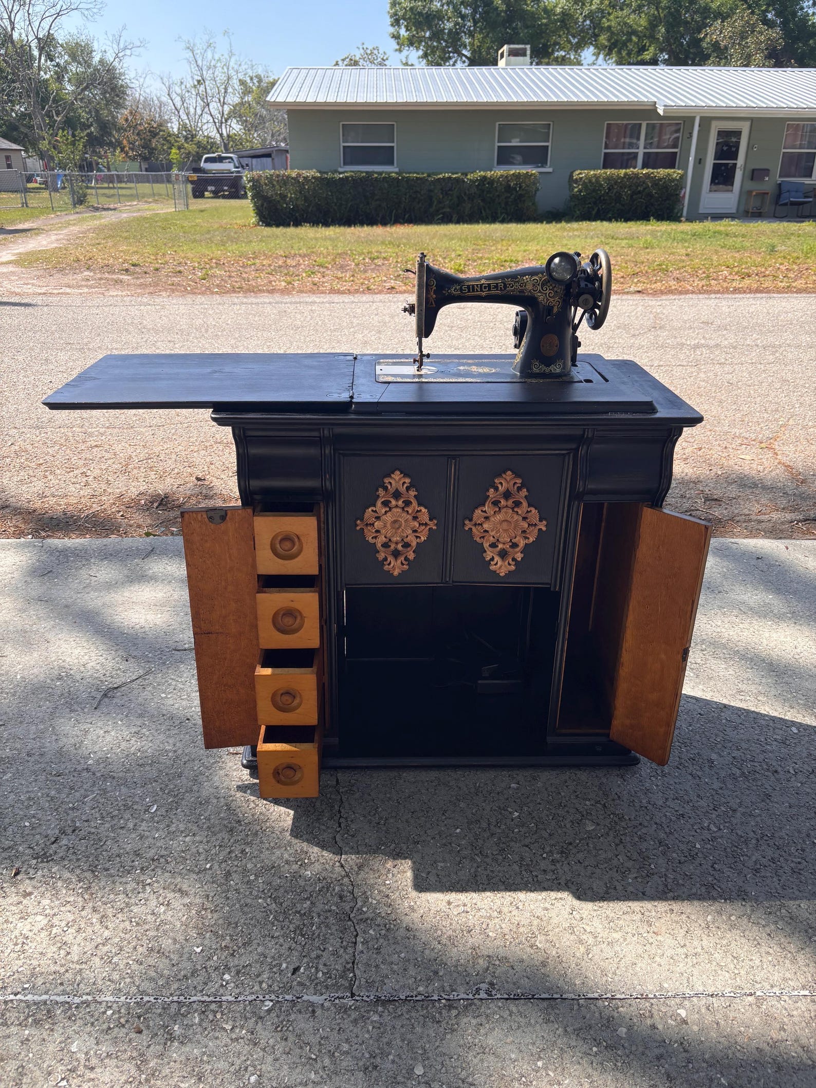 Antique Singer Sewing Machine Cabinet | Black Painted Victorian Storage ...