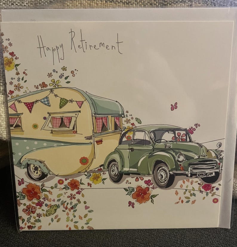 Happy Retirement Card – Vintage Camper & Car Illustration | Greeting ...
