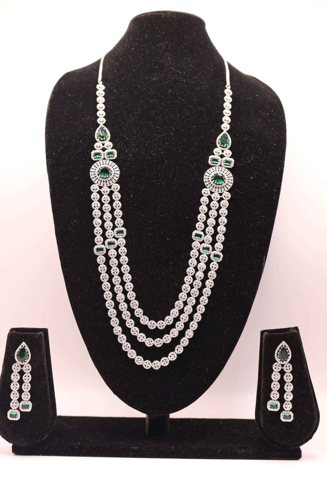 Emerald Elegance Layered Necklace Set | Green CZ Long Necklace With ...