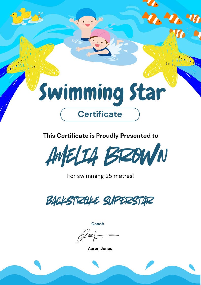 Printable Swimming Certificate for Kids | Digital Download ...