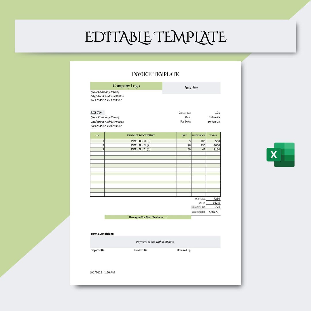 Editable Invoice Template for Excel – Automated Formulas, Customizable & Printable ...