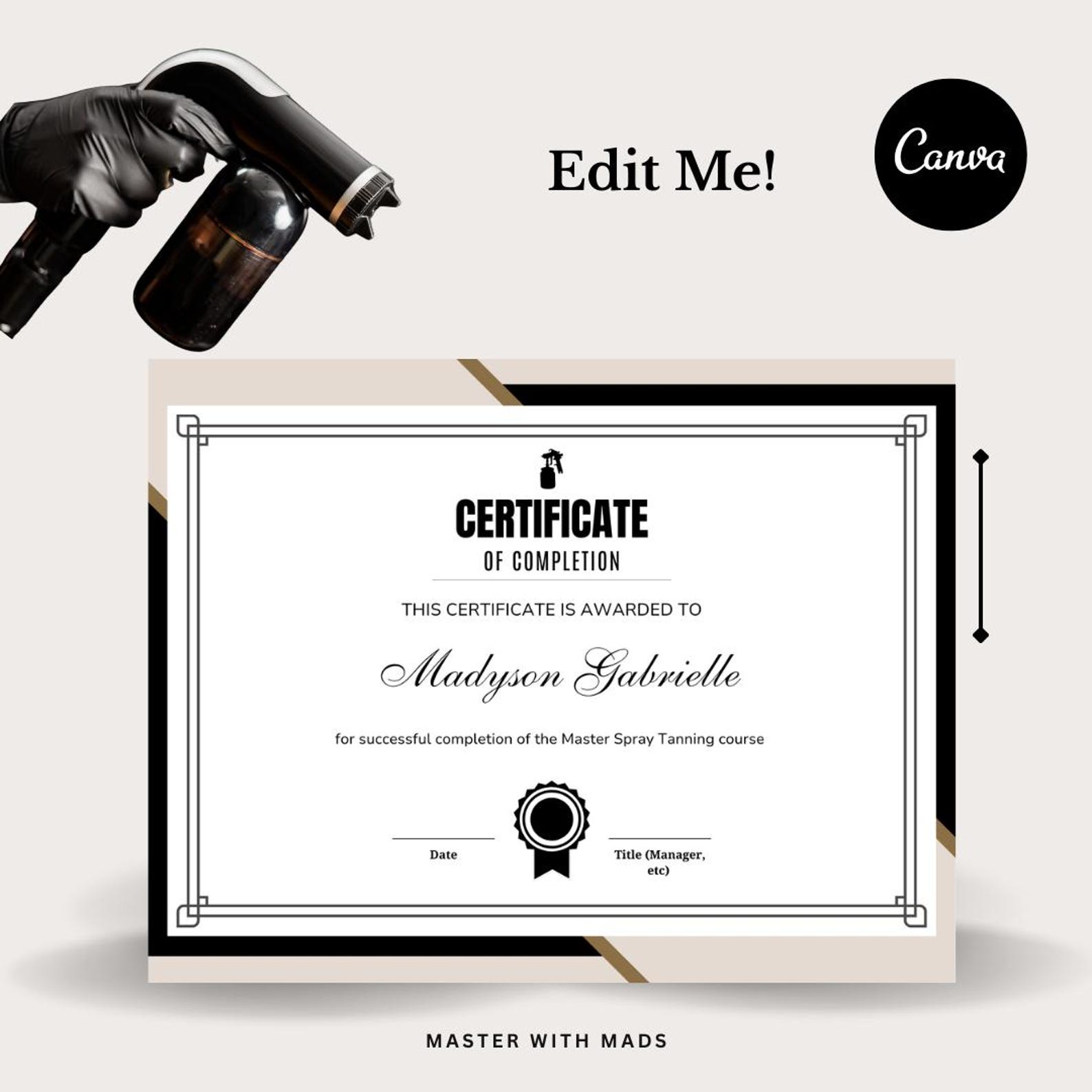 Spray Tan Course Certificate Template | Customizable Spray Tanning ...