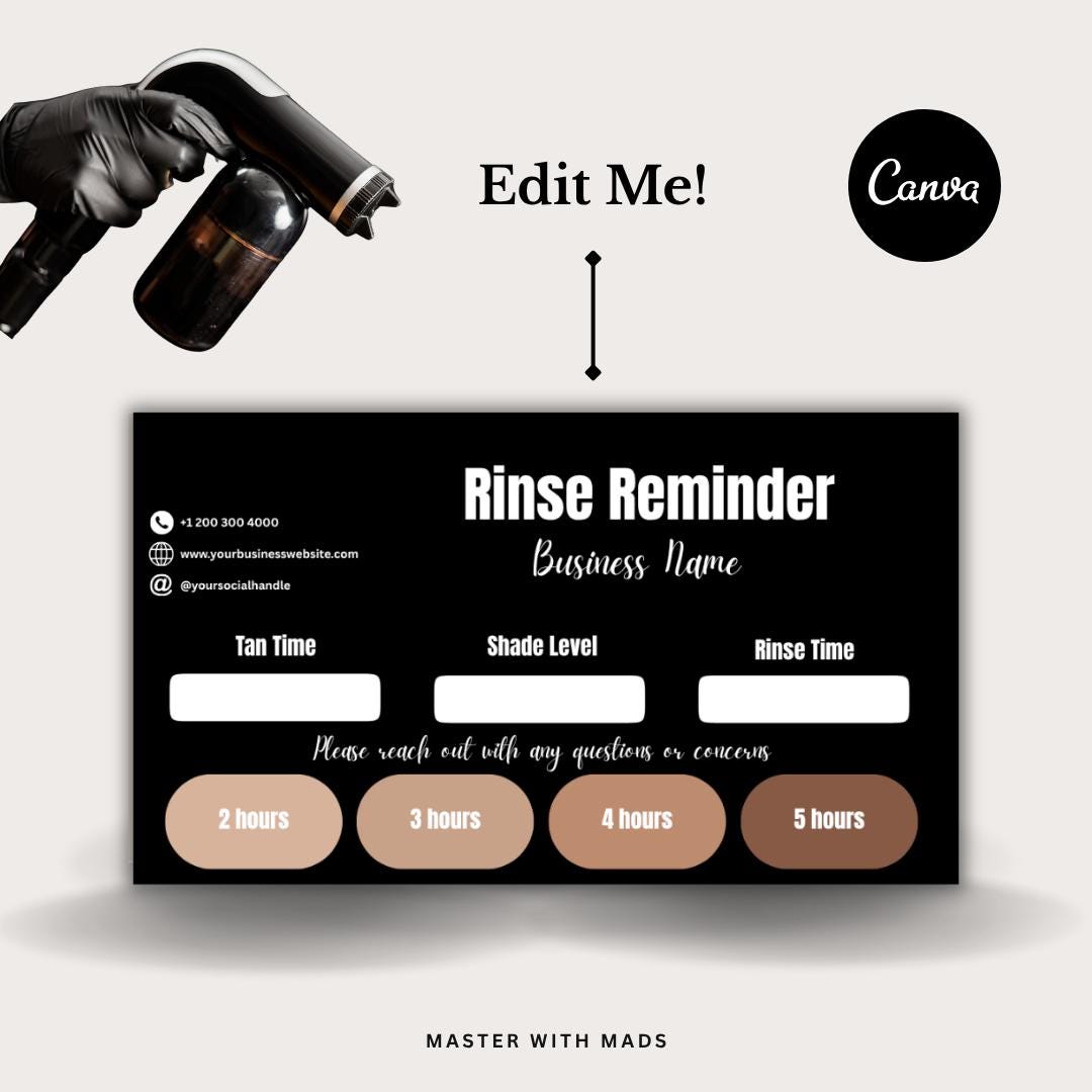 Black Spray Tan Rinse Reminder Card Canva Template | Editable Aftercare ...