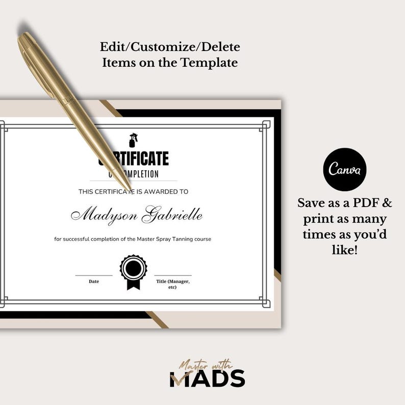 Spray Tan Certificate Canva Template Sunless Tan Gift Certificate ...