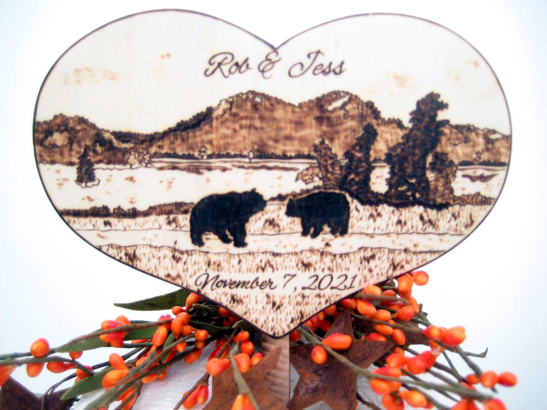 Pyrography Bear Wedding Cake Topper: Rustic Lake Wood Heart - Etsy