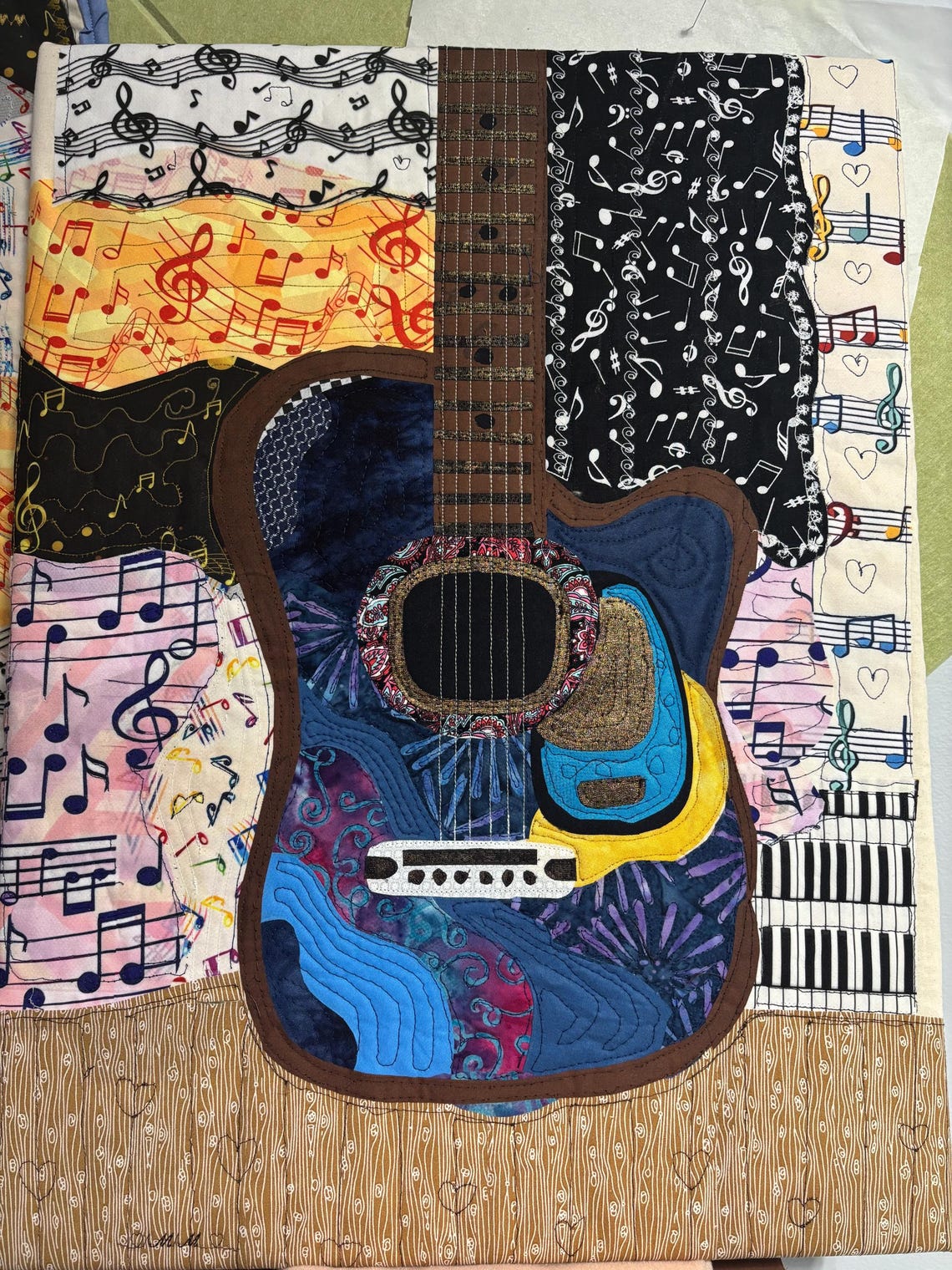 Collage Quilt Art - Hanging Wall Art Guitar, Blue, Brown, Multicolored ...