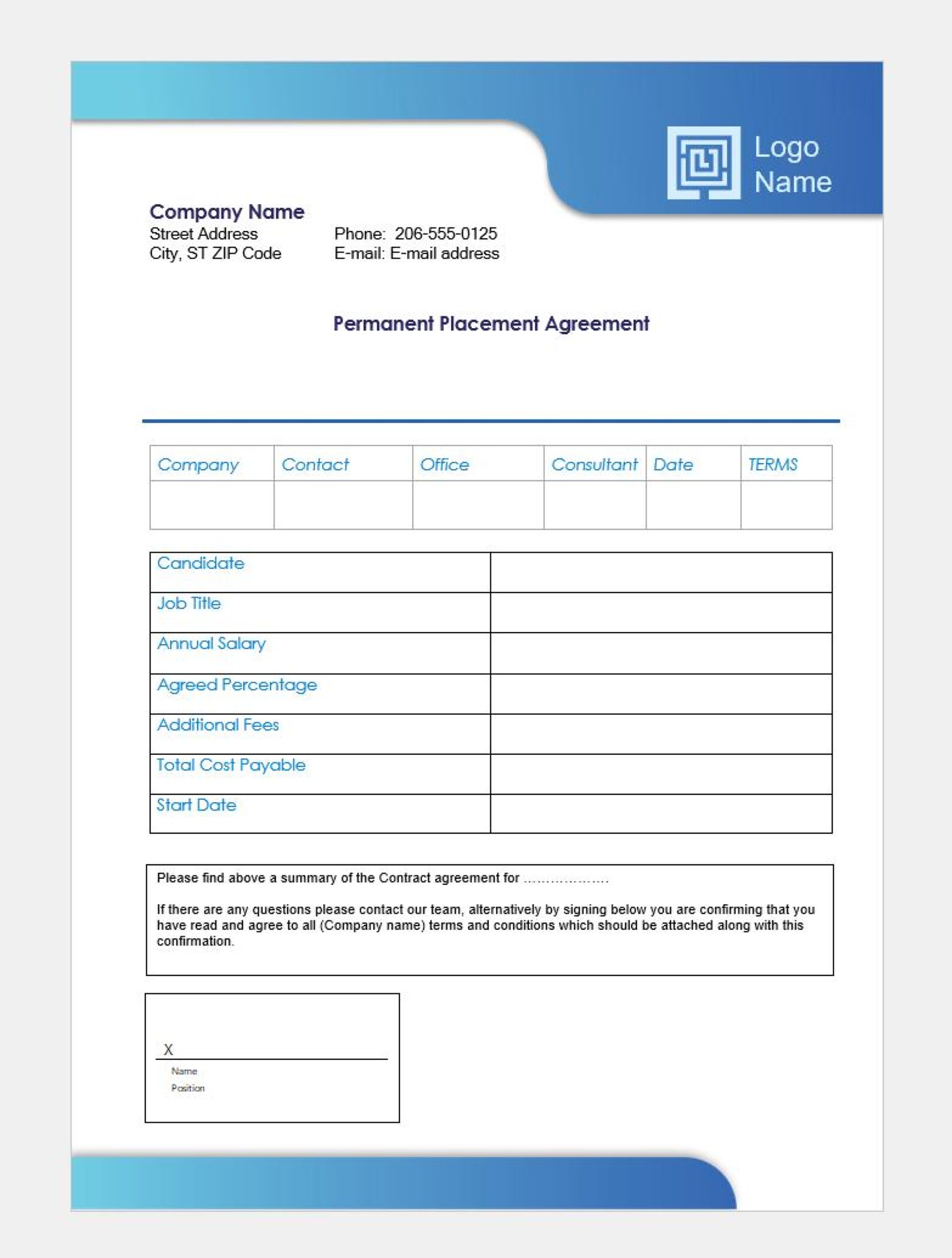 Permanent Placement Agreement Template – Editable One Page Legal Doc ...