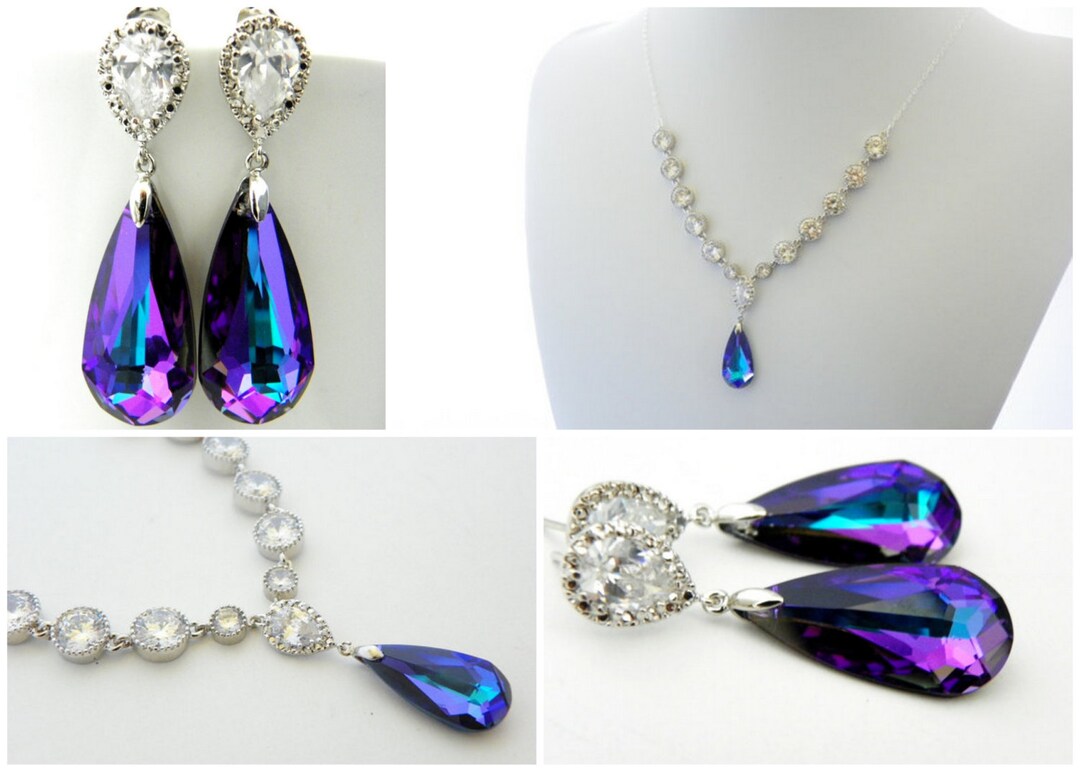Purple Bridal Earrings and Necklace Set, Bridal Statement Earrings ...
