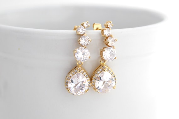 Gold Bridal Earrings Gold Luxury Wedding Earrings Clear Cubic Zirconia Earrings Wedding Jewelry for Brides Teardrop Wedding Earrings Etsy