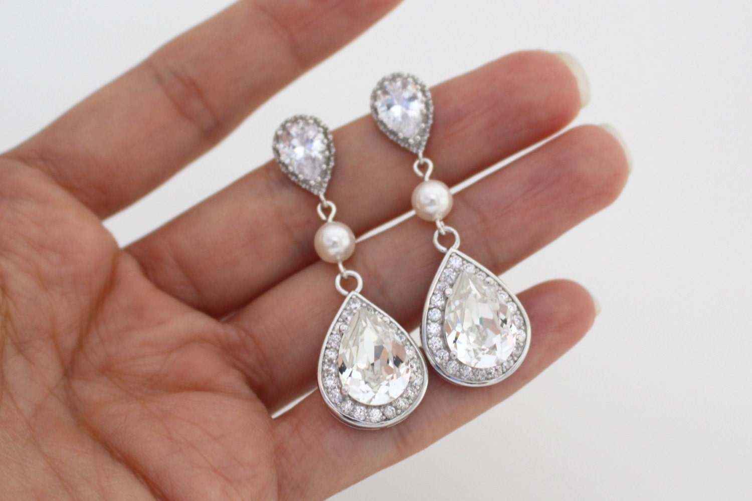 Bridal Jewelry Pearl Wedding Earrings Swarovski Crystal | Etsy