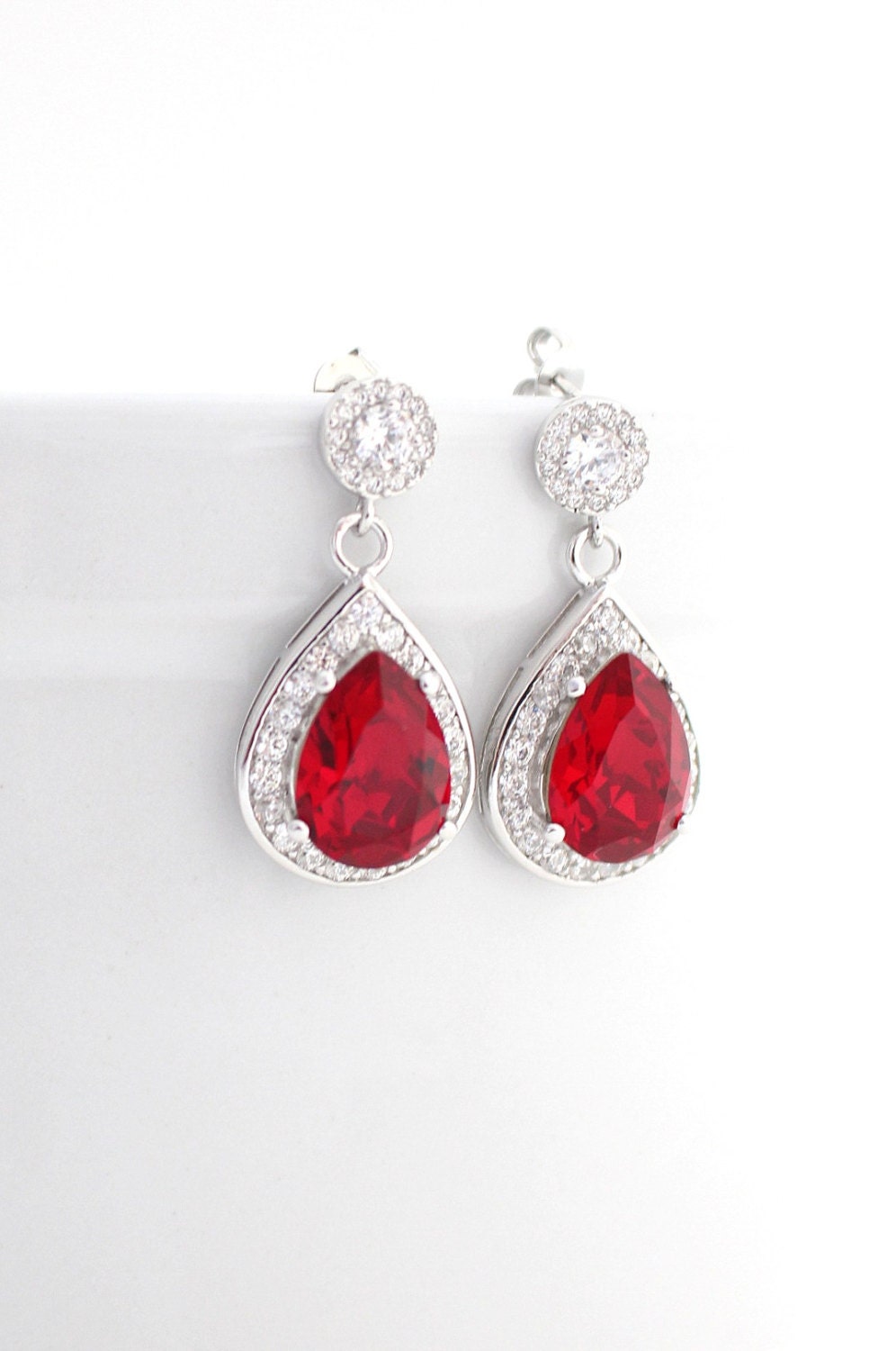 Red Bridal Drop Earrings, Classic Bridal Earrings, Sterling Silver ...