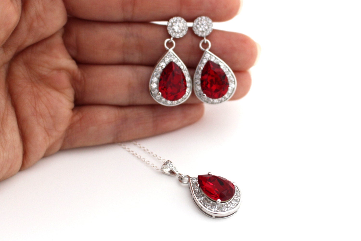 Red Bridal Drop Earrings, Classic Bridal Earrings, Sterling Silver ...